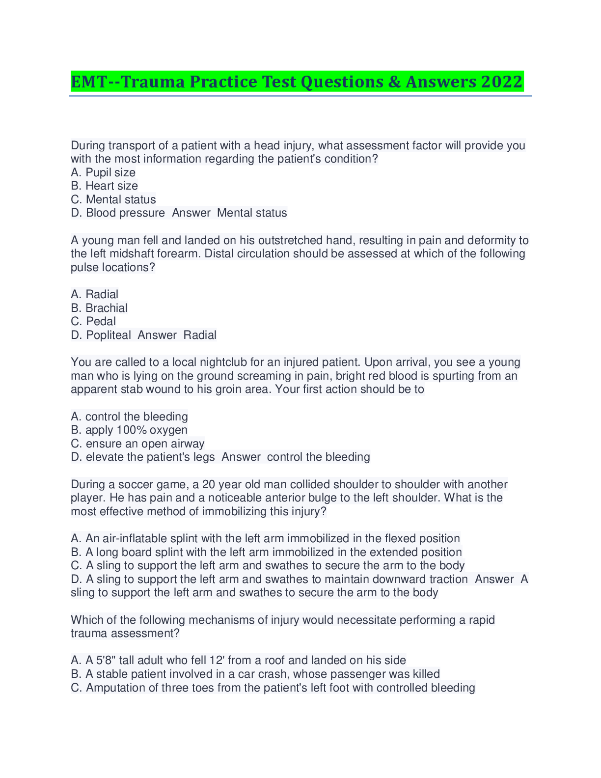 EMT--Trauma Practice Test Questions & Answers 2022 - Scholarfriends