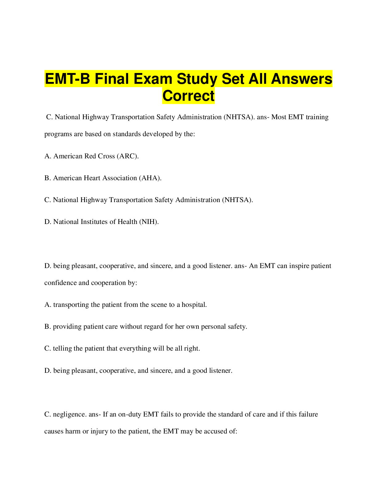 EMT-B Final Exam Study Set All Answers Correct – Scholarfriends ...