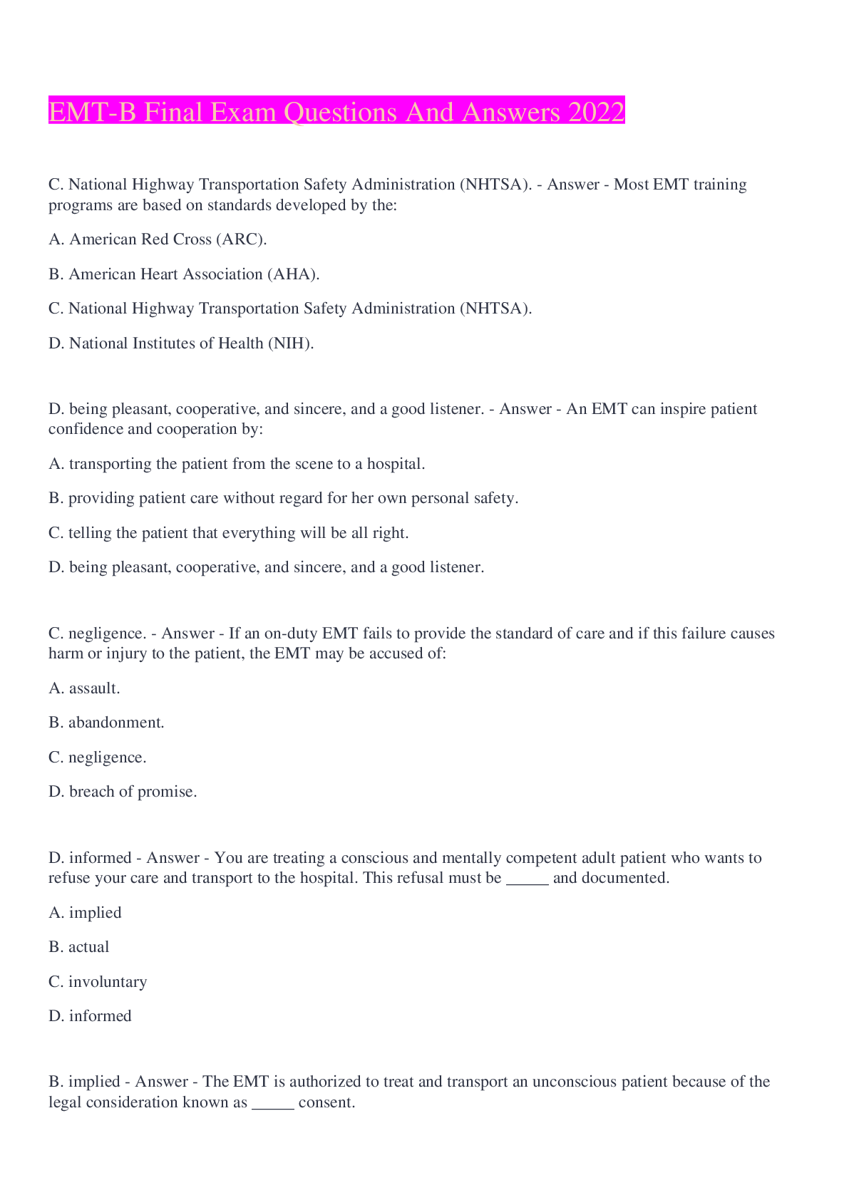 EMT-B Final Exam Questions And Answers 2022 - Scholarfriends