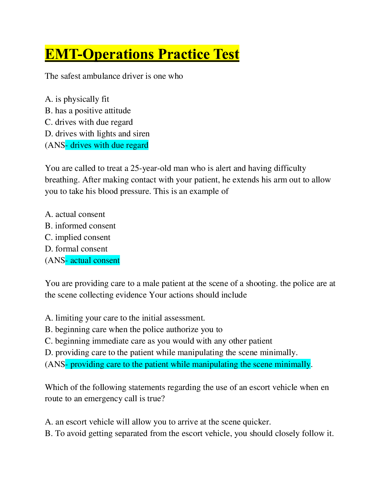EMT-Operations Practice Test/ Questions & Answers/ Graded A ...