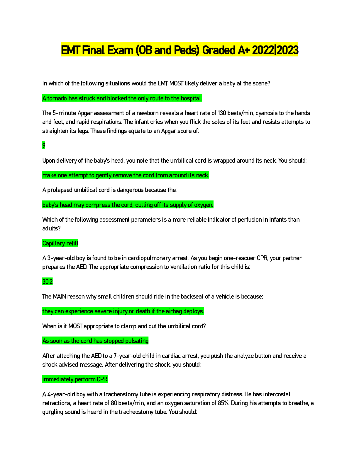 EMT Final Exam (OB and Peds) Graded A+ 2022|2023 – Scholarfriends - Scholarfriends