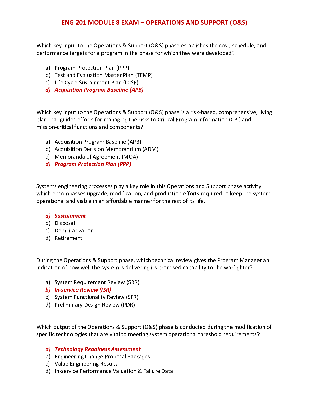 ENGLISH 201 / ENG 201 MODULE 8 EXAM – OPERATIONS AND SUPPORT (O&S ...