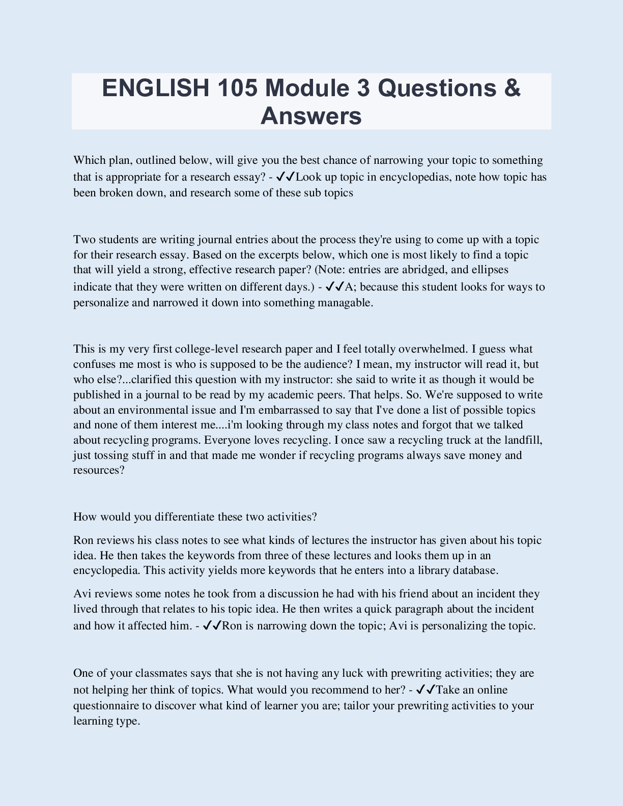 ENGLISH 105 Module 3 Questions & Answers | Questions with 100% Correct ...