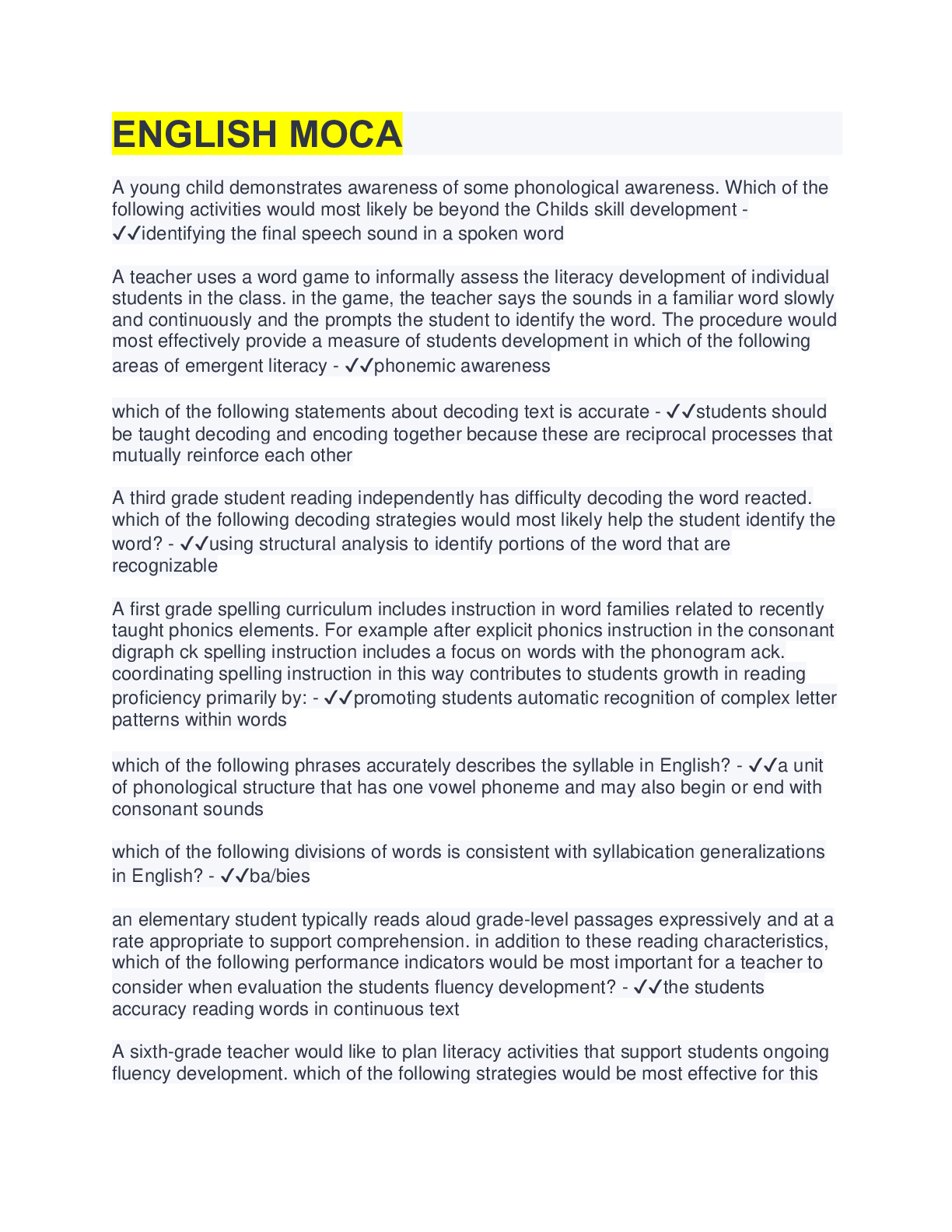 ENGLISH MOCA Test Questions | 100% Correct Answers - Scholarfriends