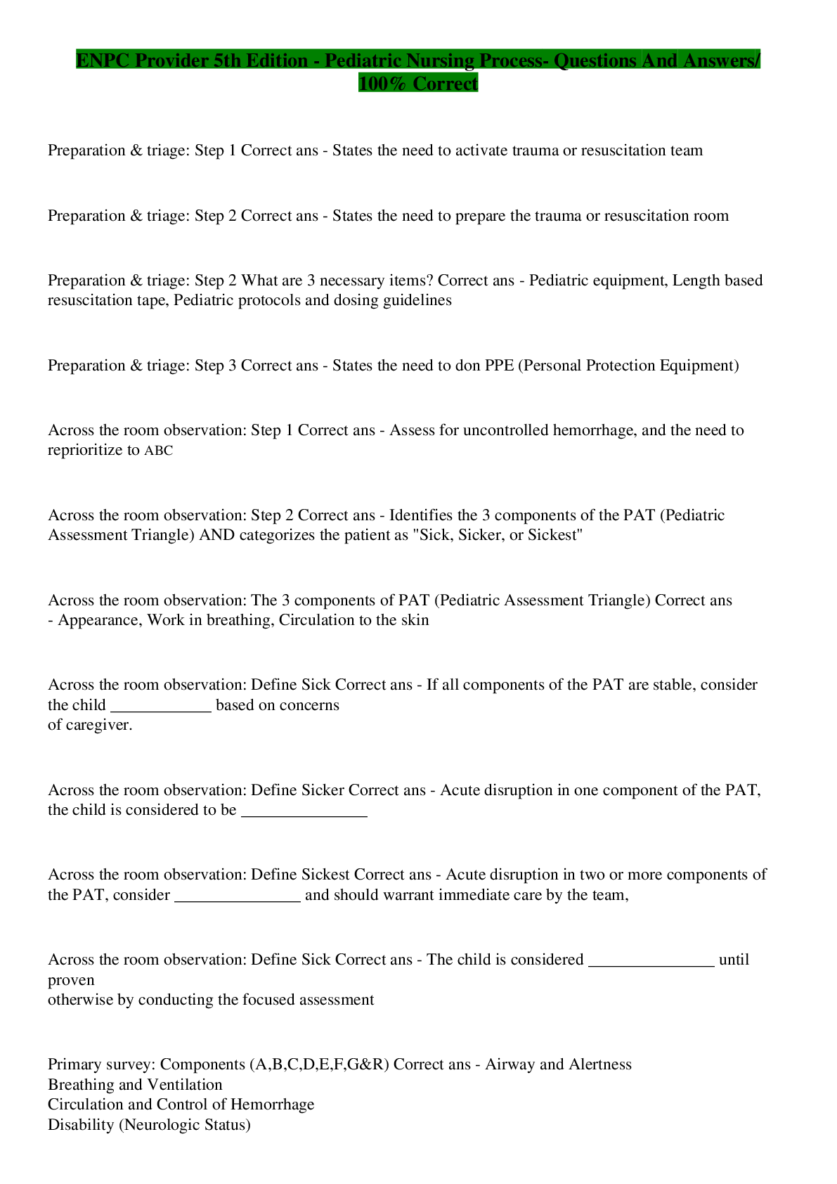 ENPC Provider 5th Edition - Pediatric Nursing Process- Questions And ...