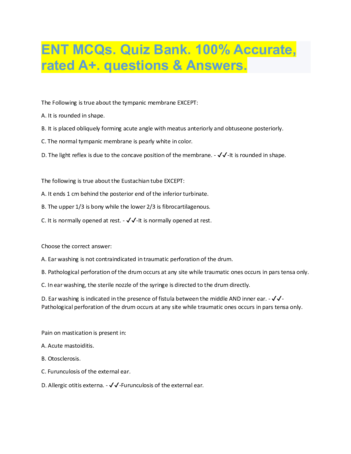 ENT MCQs. Quiz Bank. 100% Accurate, rated A+. questions & Answers ...