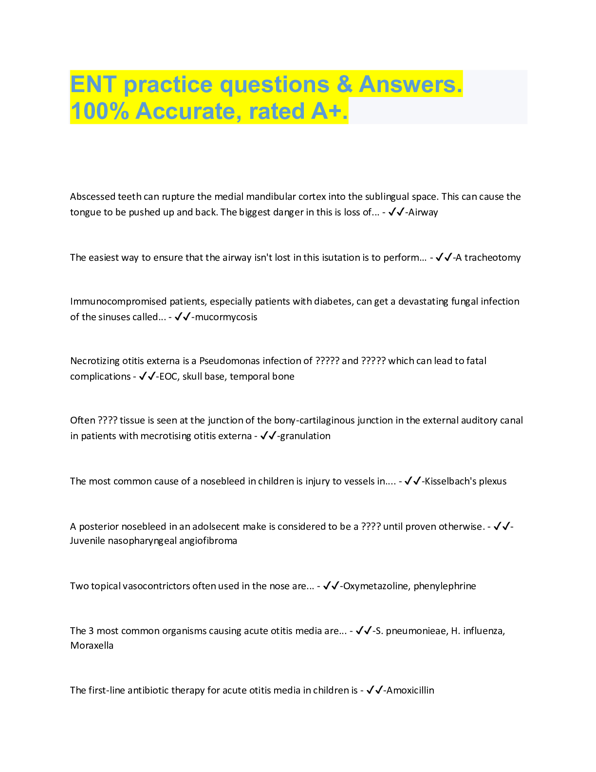 ENT practice questions & Answers. 100% Accurate, rated A+. - Scholarfriends