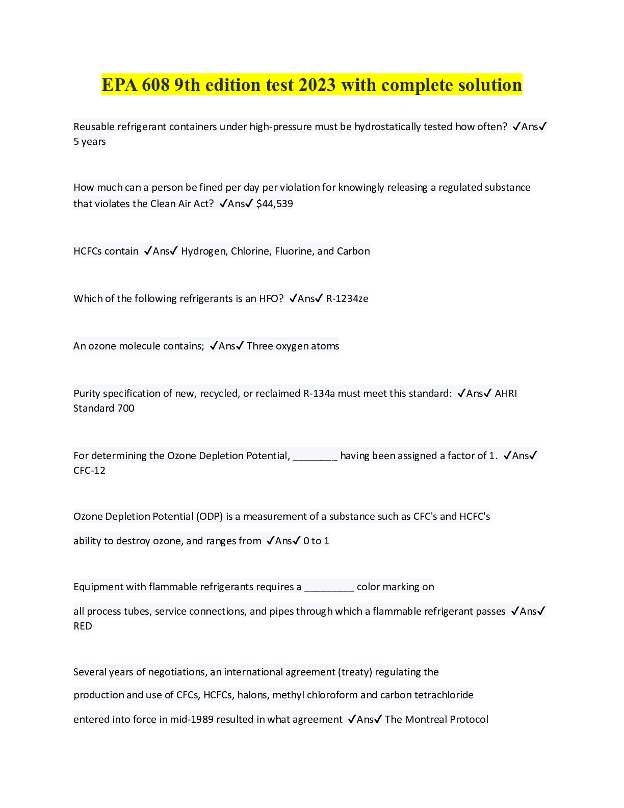 EPA 608 9th edition test 2023 with complete solution - Scholarfriends