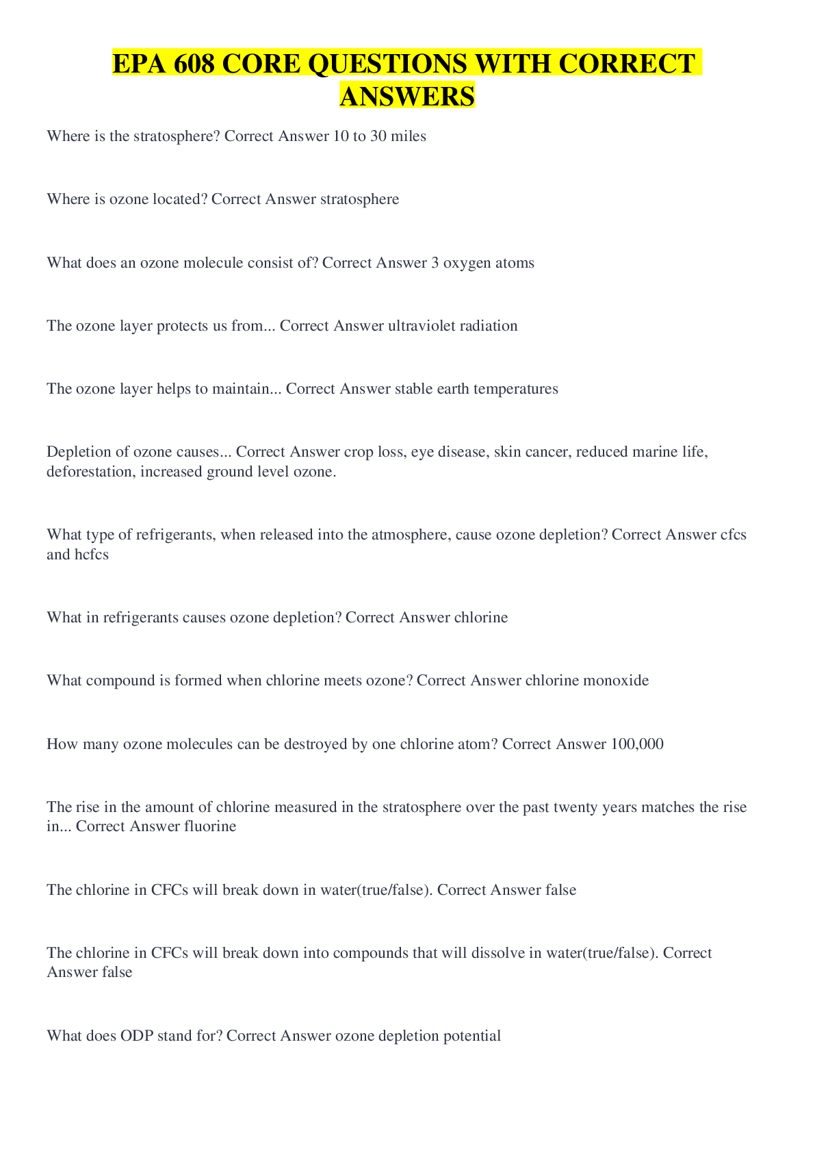 EPA 608 CORE QUESTIONS WITH CORRECT ANSWERS - Scholarfriends