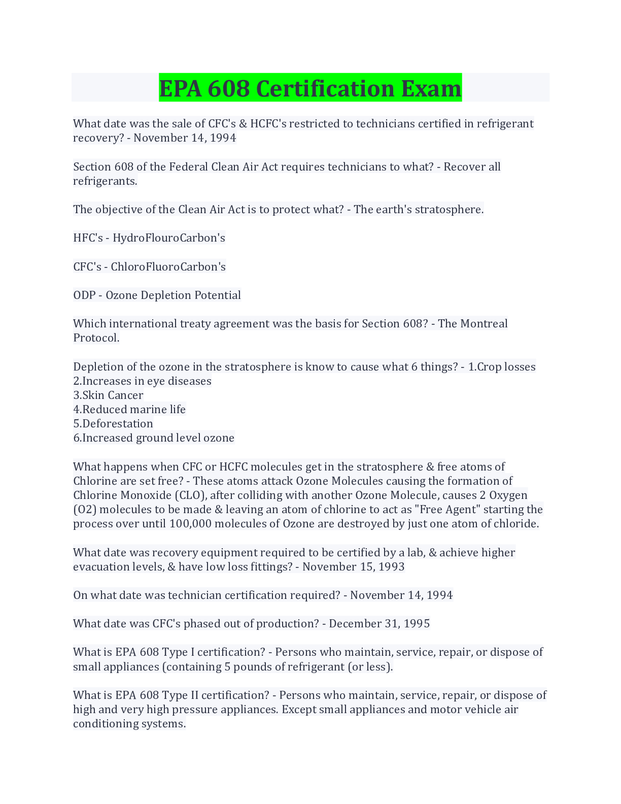 EPA 608 Certification Exam Questions And Answers With Complete Solution ...