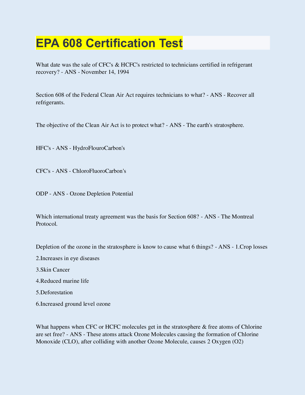 EPA 608 Certification Test | 70 Questions with 100% Correct Answers ...