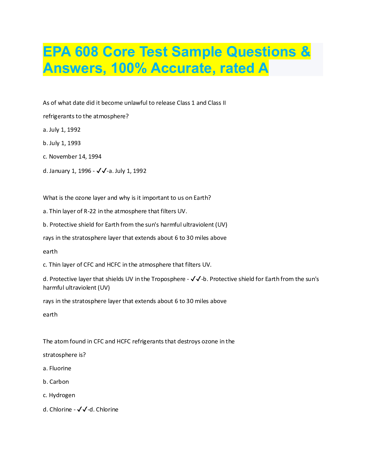 EPA 608 Core Test Sample Questions & Answers, 100% Accurate, rated A ...