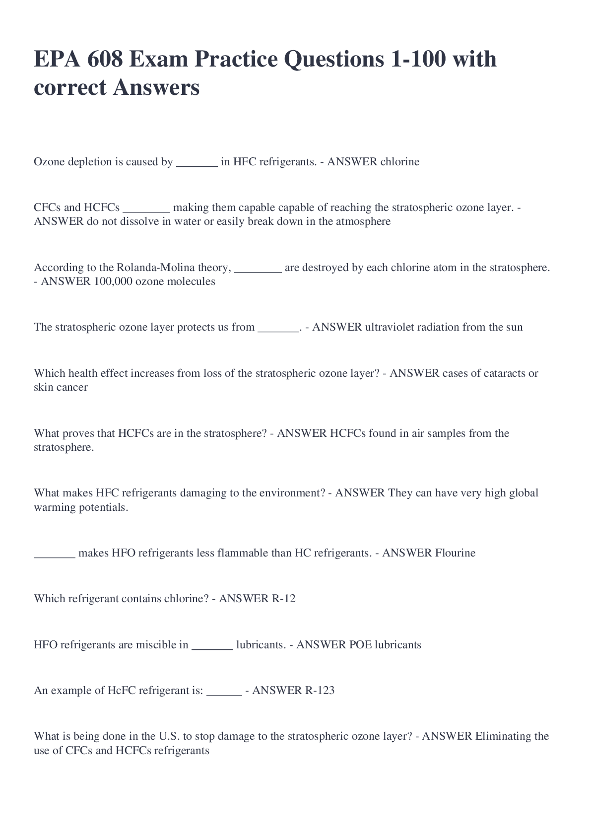 EPA 608 Exam Practice Questions 1-100 with correct Answers - Scholarfriends