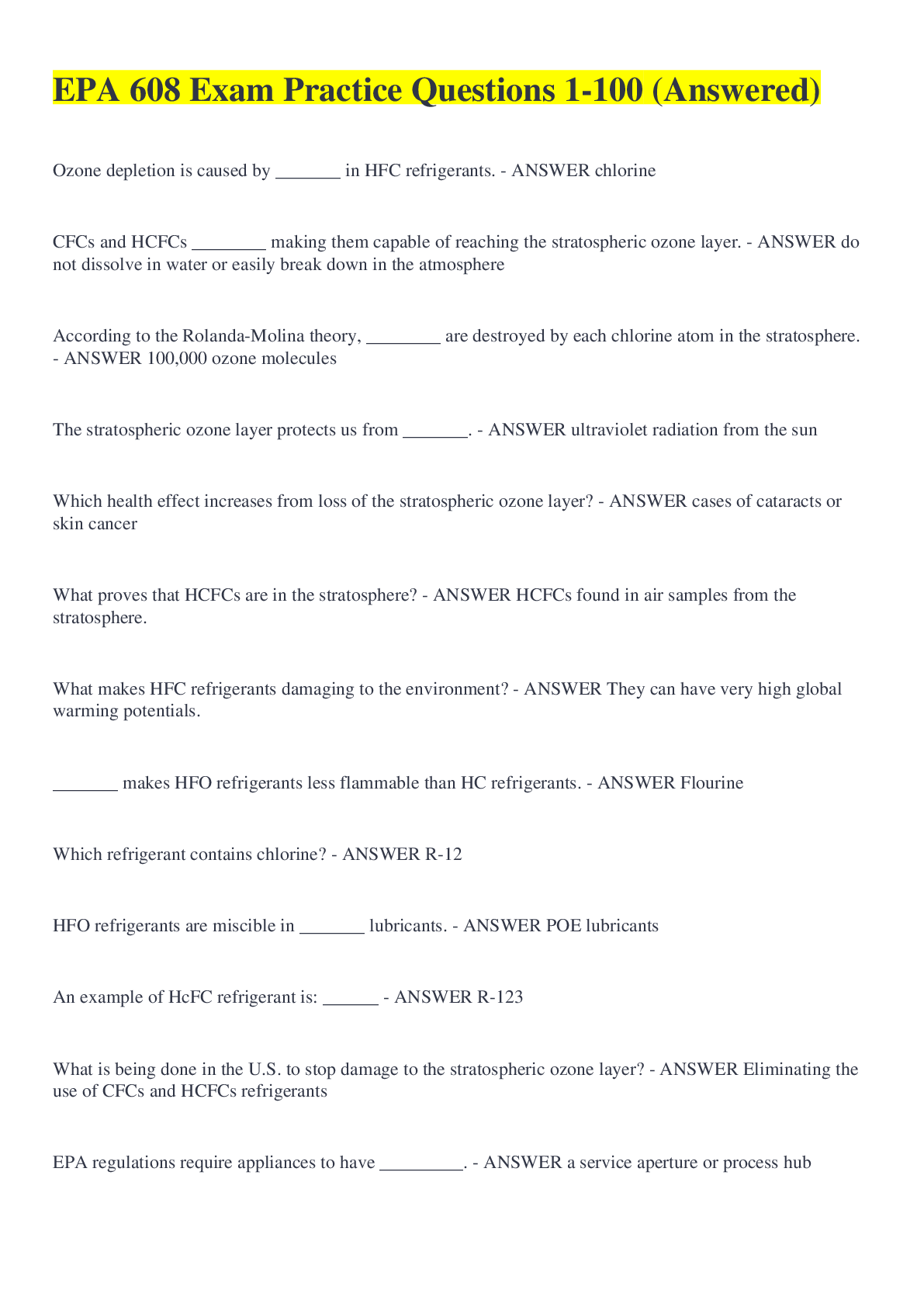 EPA 608 Exam Practice Questions 1-100 (Answered) - Scholarfriends