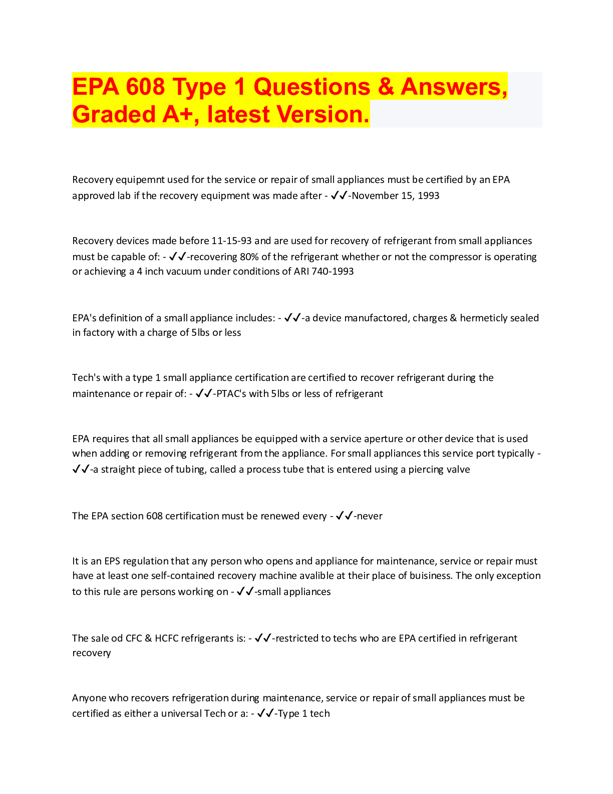 EPA 608 Type 1 Questions & Answers - Scholarfriends