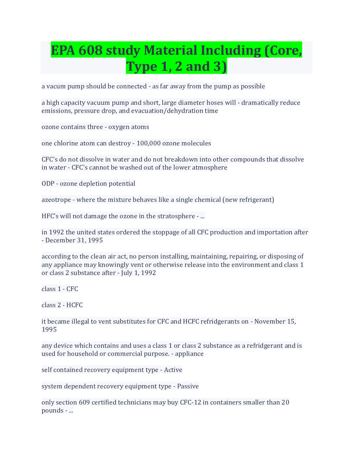 EPA 608 study Material Including (Core, Type 1, 2 and 3) Questions And ...