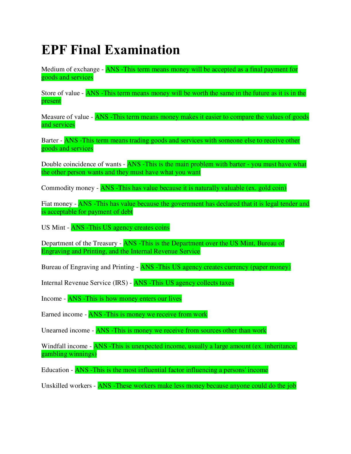 EPF Final Examination / ACCURATE ANSWERS – Scholarfriends - Scholarfriends