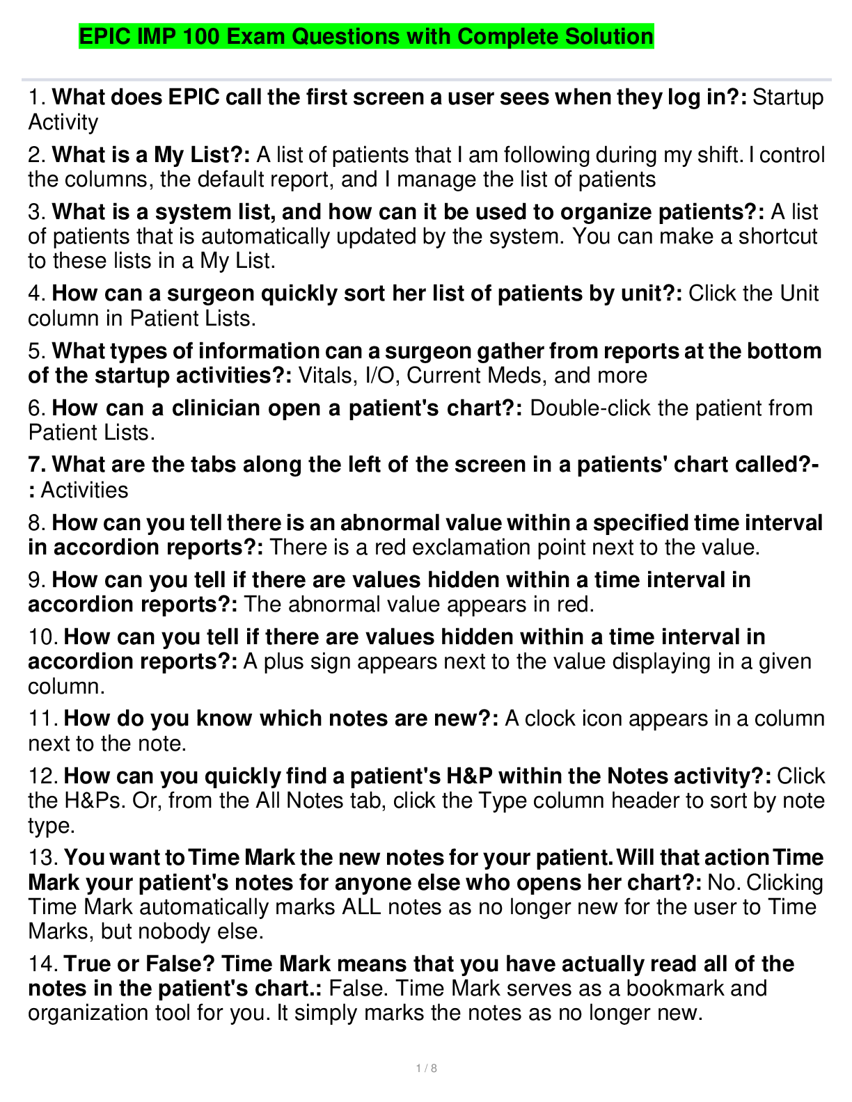 EPIC IMP 100 Exam Questions with Complete Solution - Scholarfriends