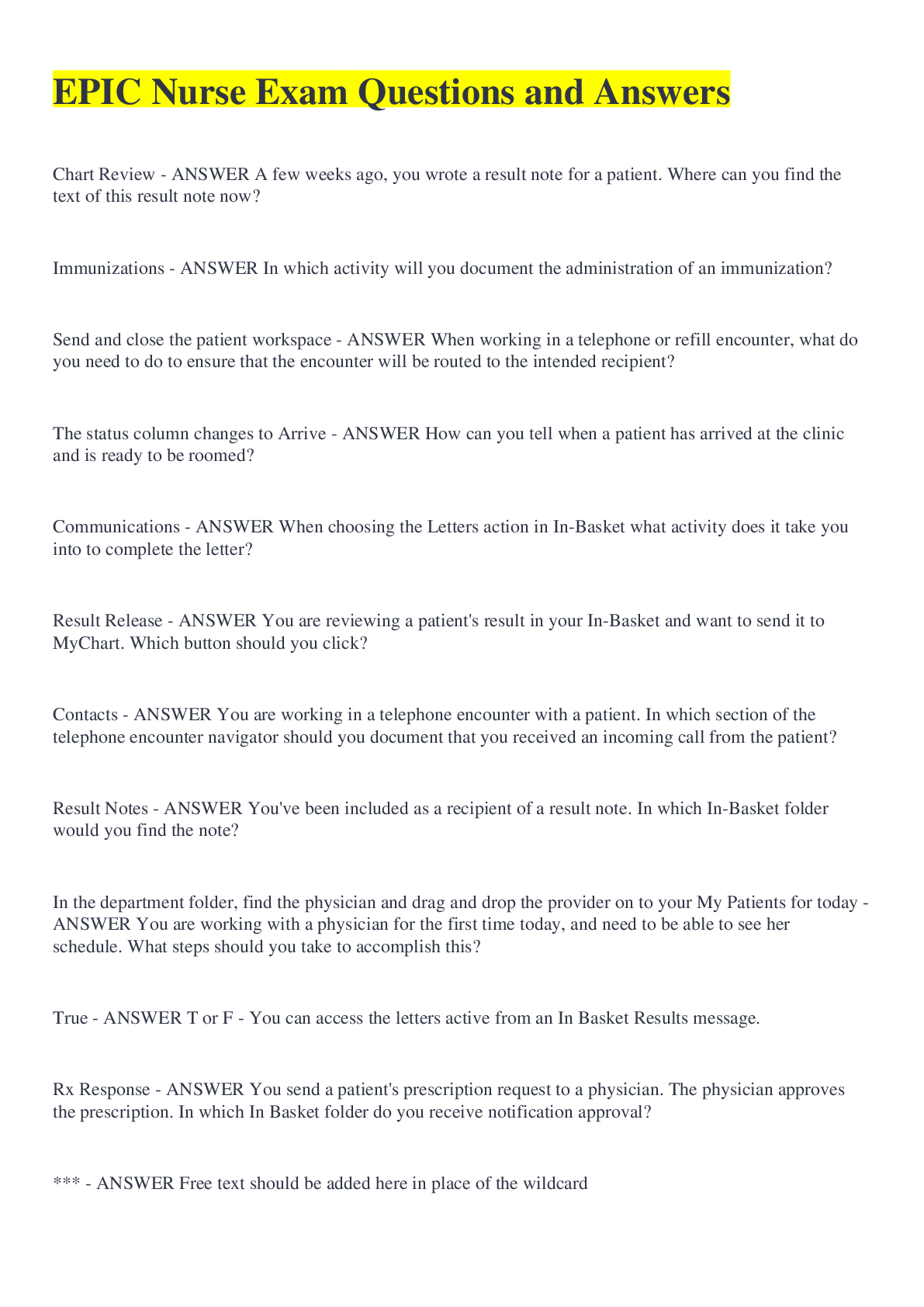 EPIC Nurse Exam Questions and Answers - Scholarfriends