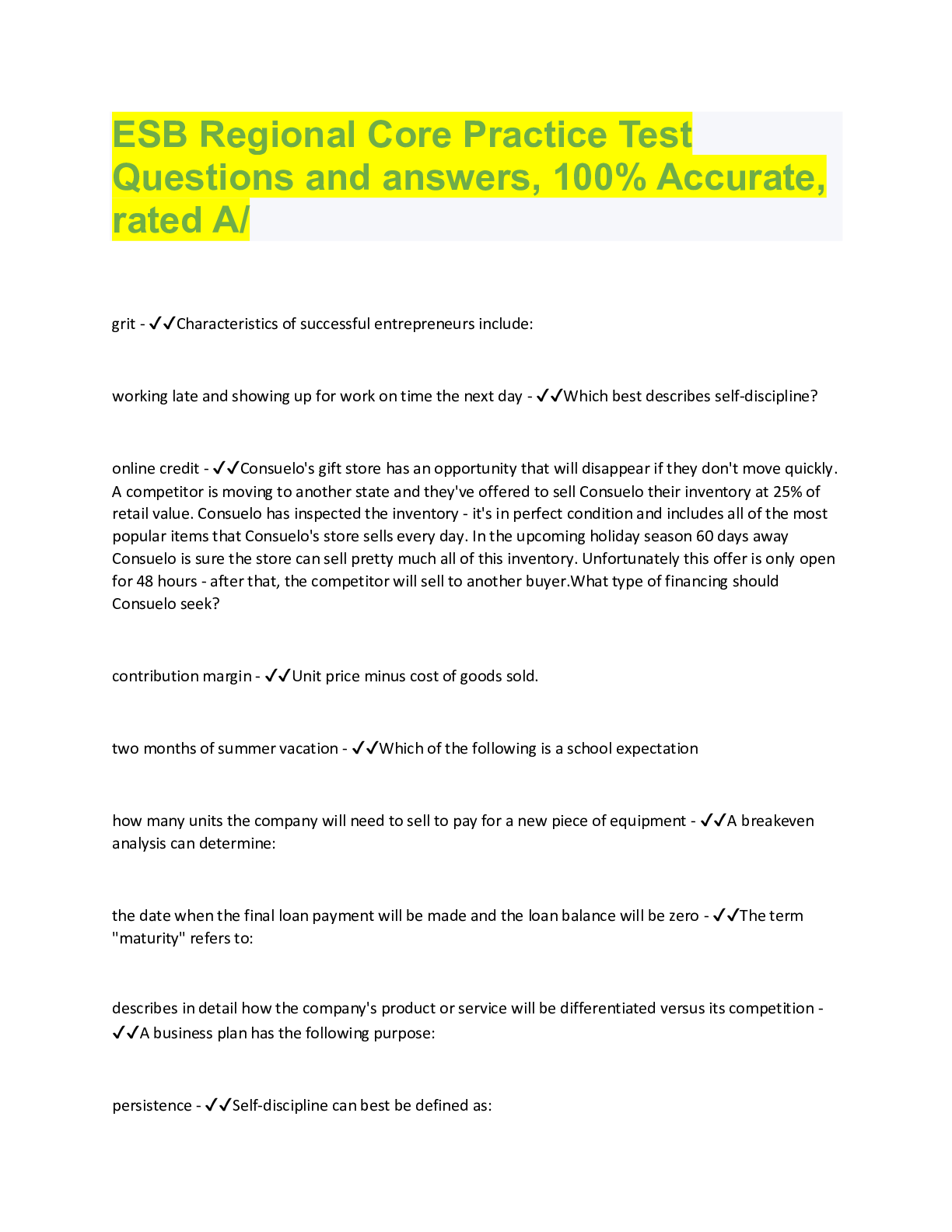 ESB Regional Core Practice Test Questions and answers, 100% Accurate ...