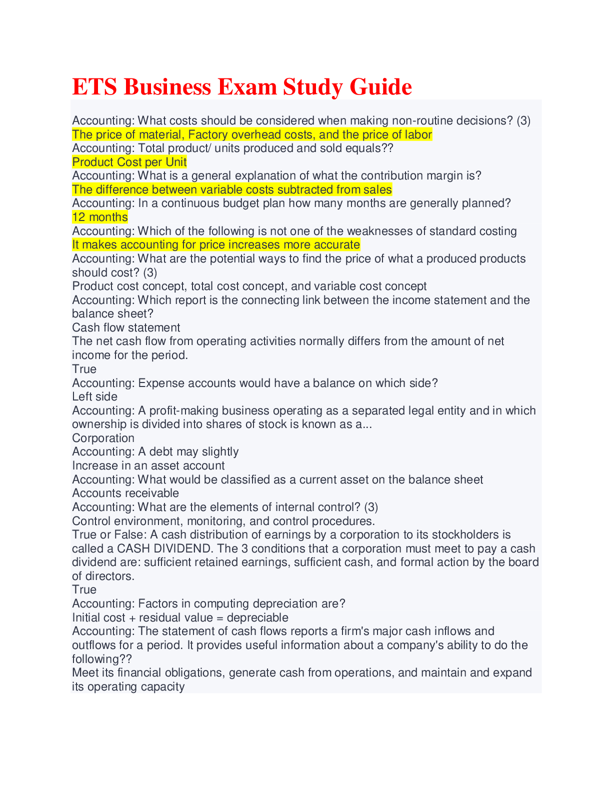 ETS Business Exam Study Guide with all Possible Questions and Answers ...