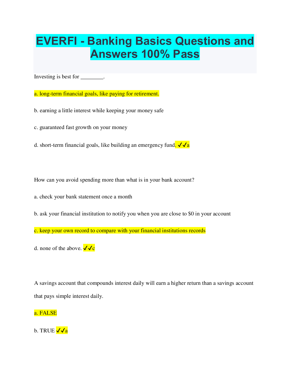 EVERFI - Banking Basics Questions and Answers 100% Pass - Scholarfriends