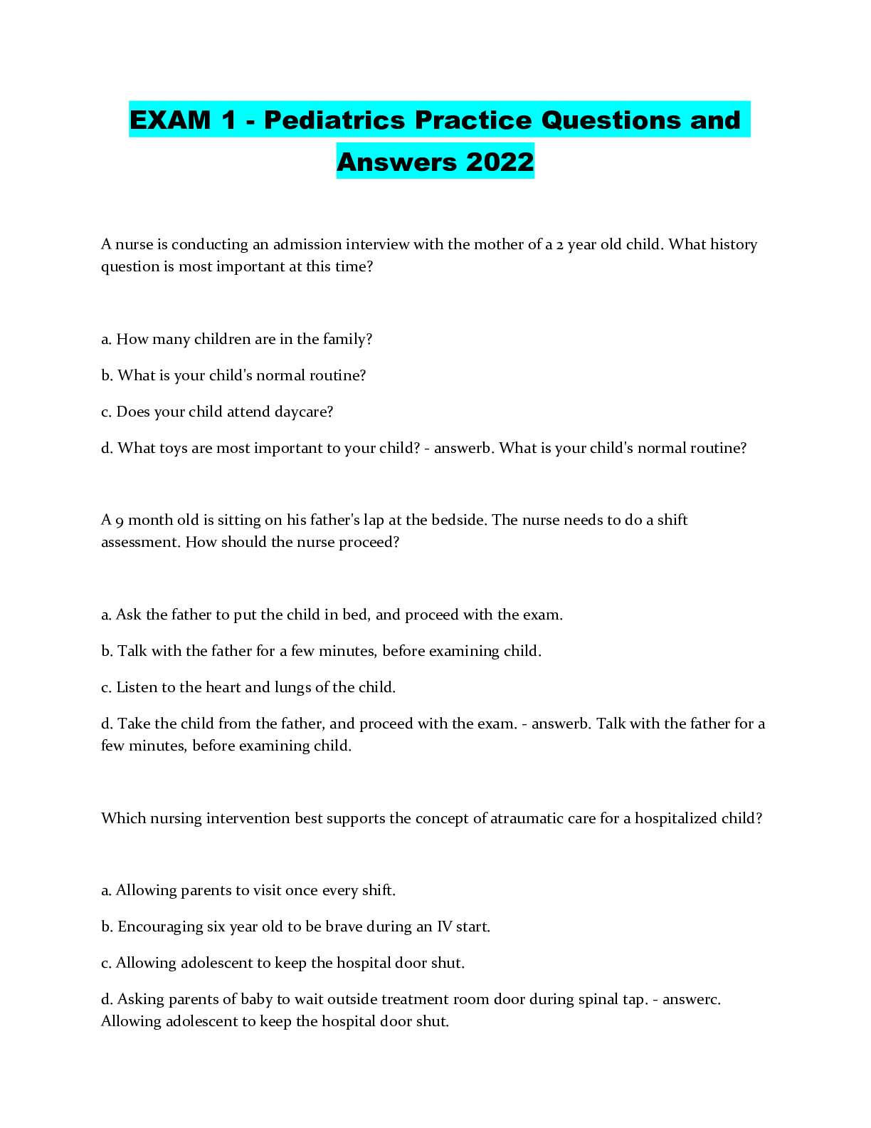 EXAM 1 - Pediatrics Practice Questions and Answers 2022 ...