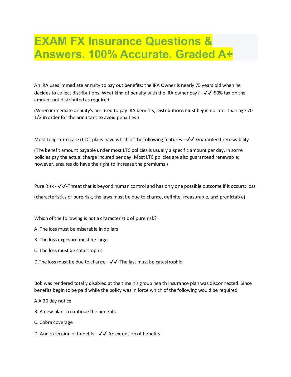 EXAM FX Insurance Questions & Answers. 100% Accurate. Graded A+ ...