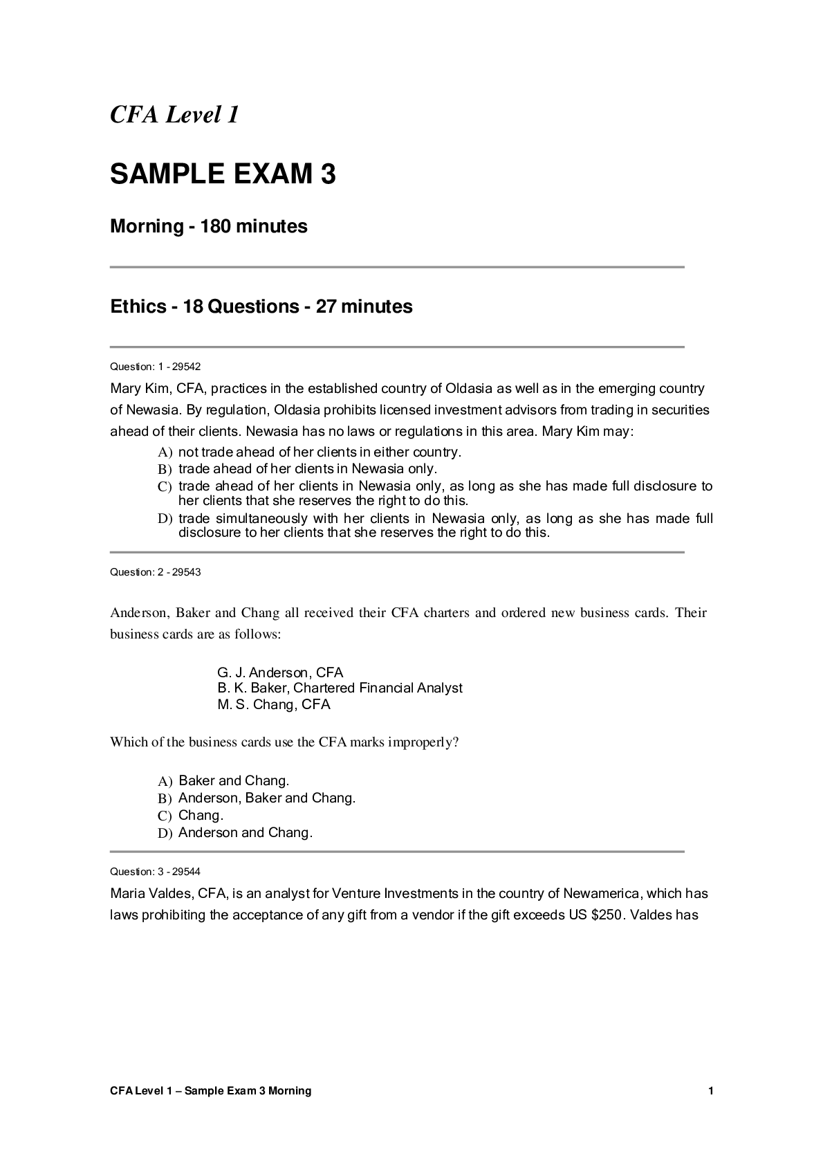CFA Level 1 SAMPLE EXAM 3 - Scholarfriends
