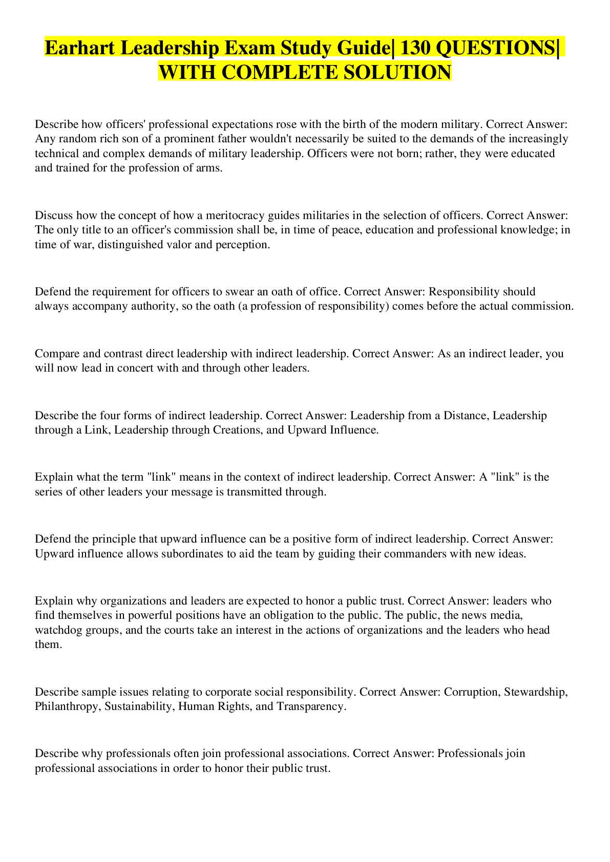 Earhart Leadership Exam Study Guide| 130 QUESTIONS| WITH COMPLETE ...