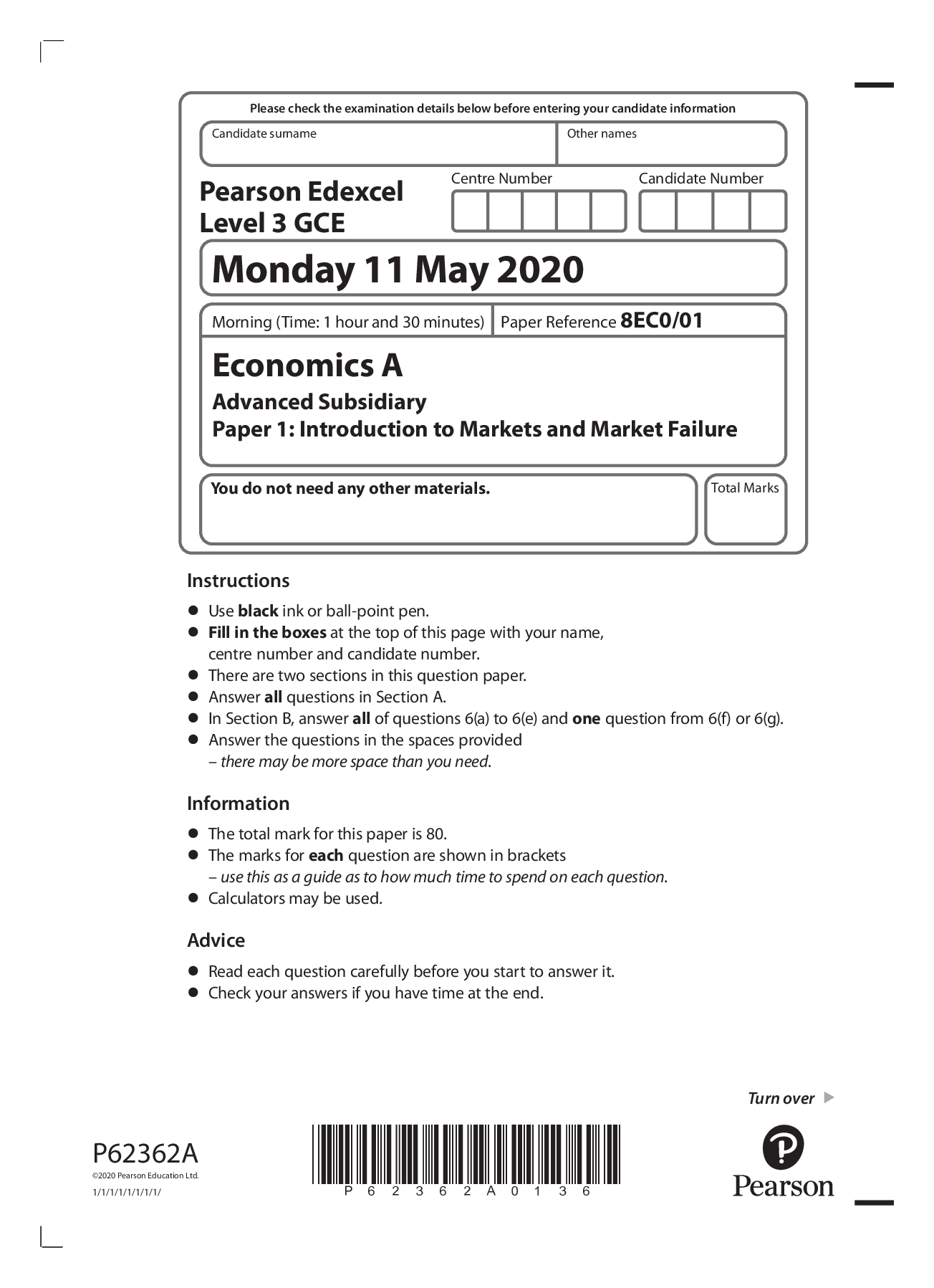 Pearson Edexcel Level 3 GCE_Economics A_8EC0/01 Question Paper_2020 ...