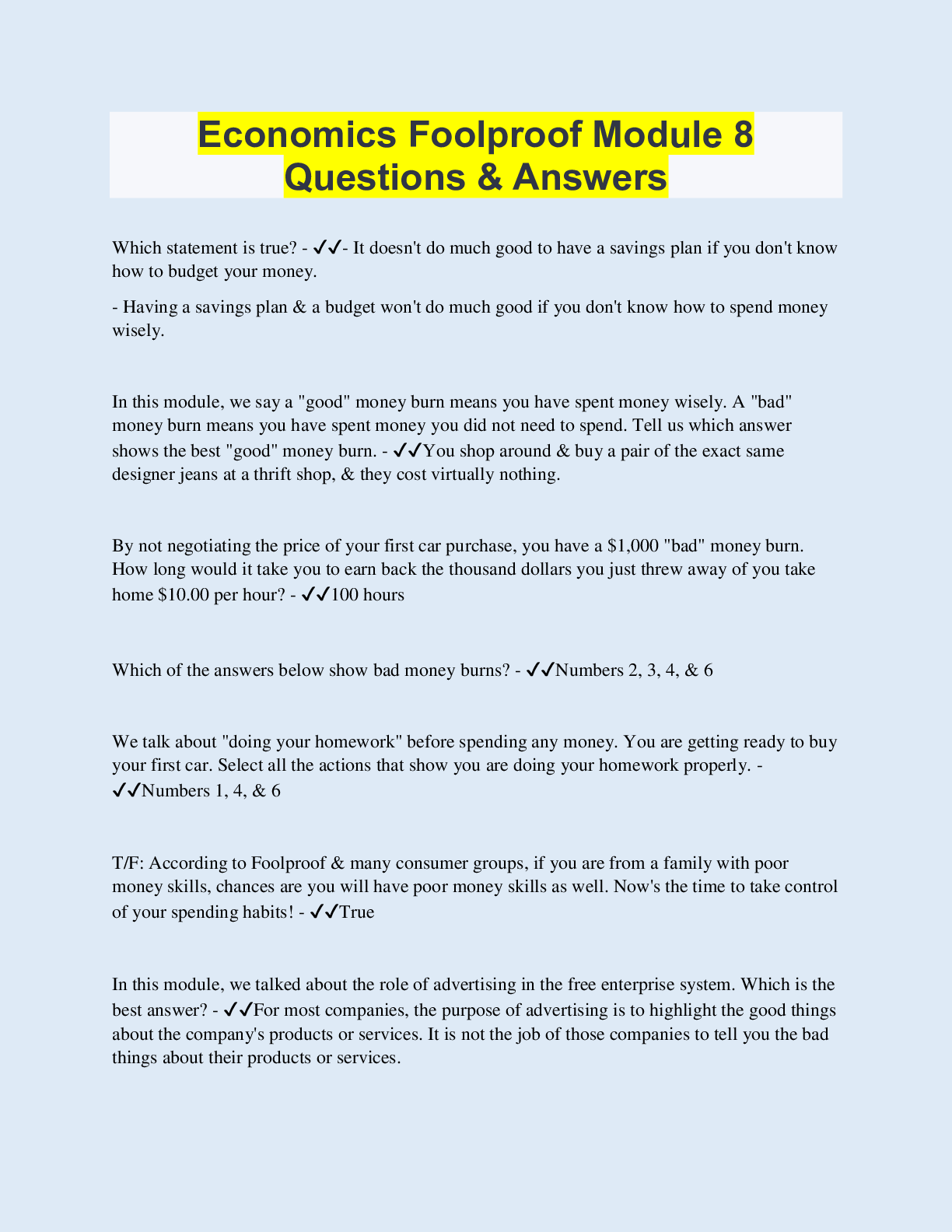 Economics Foolproof Module 8 Questions & Answers | Questions with 100% ...