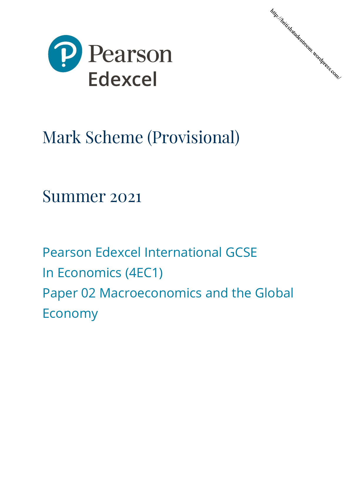 Pearson Edexcel International GCSE_Economics_4EC1/02 Mark Scheme June ...