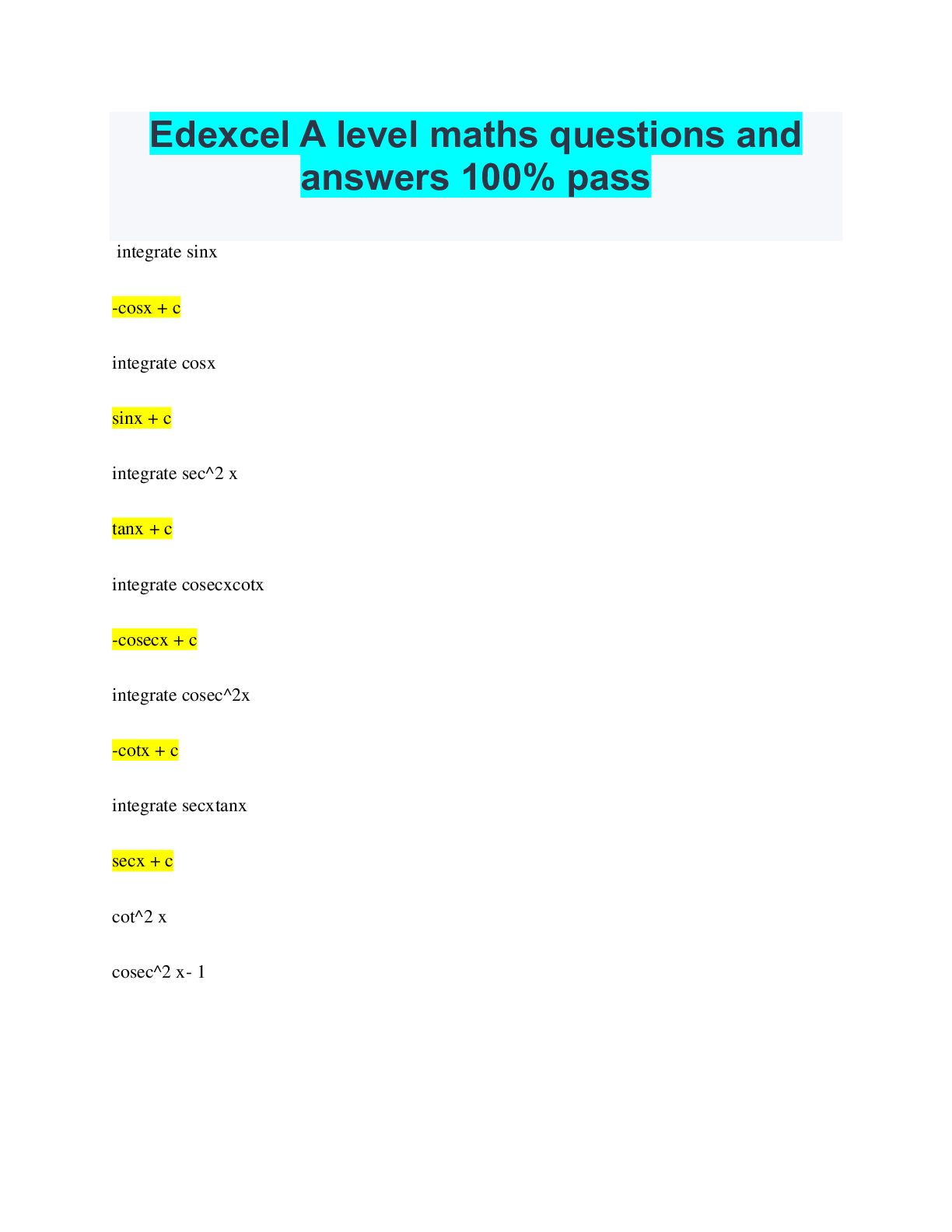 Edexcel A level maths questions and answers 100% pass - Scholarfriends
