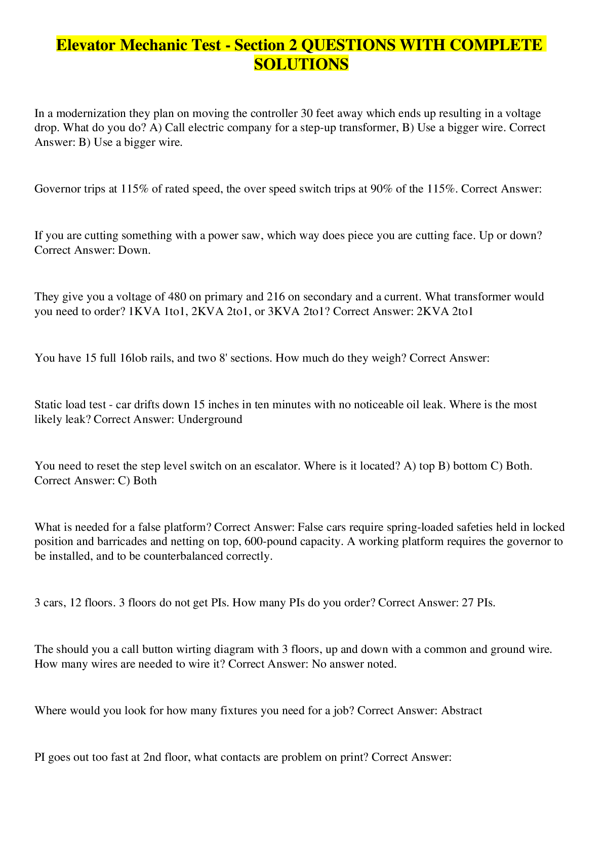 Elevator Mechanic Test - Section 2 QUESTIONS WITH COMPLETE SOLUTIONS ...