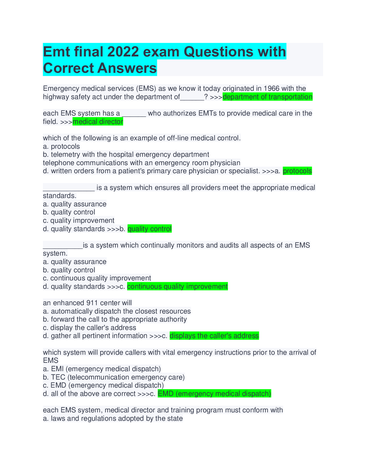 Emt final 2022 exam Questions with Correct Answers - Scholarfriends