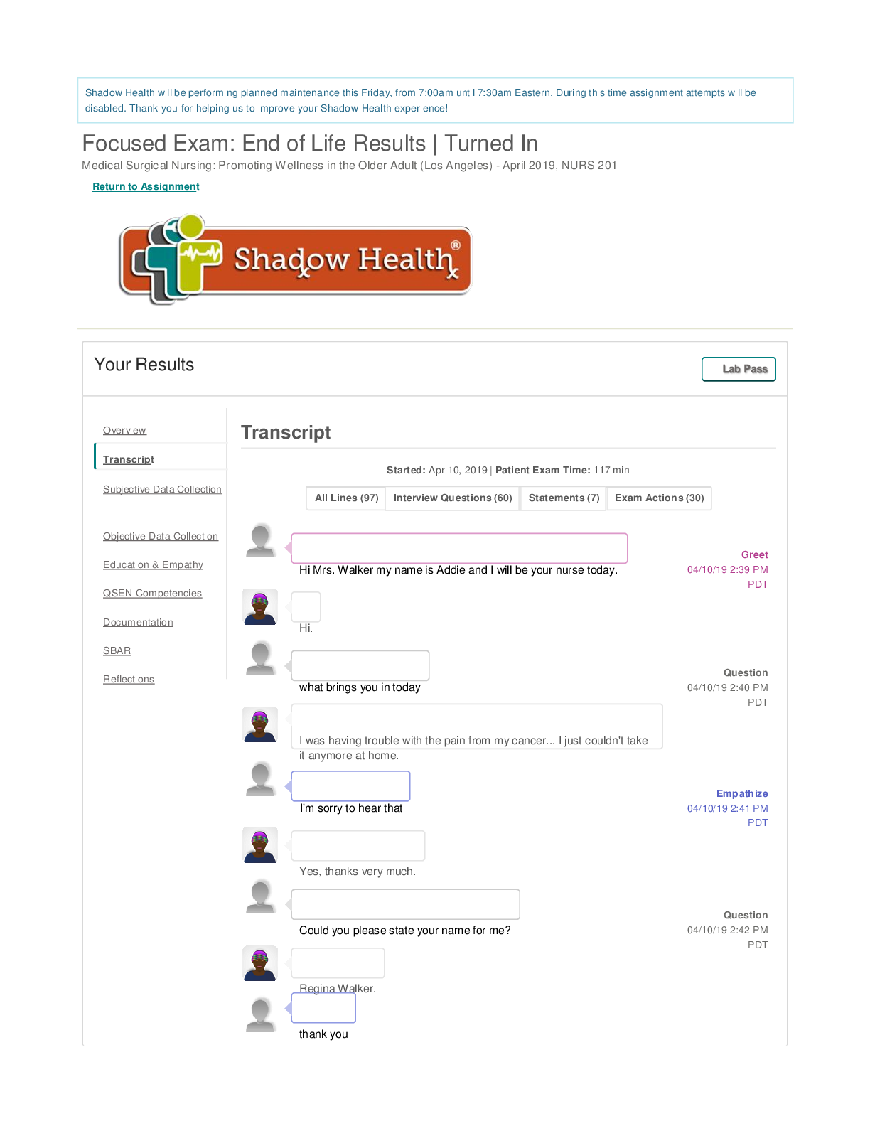 Shadow Health Regina Walker End of Life Complete Transcript ...