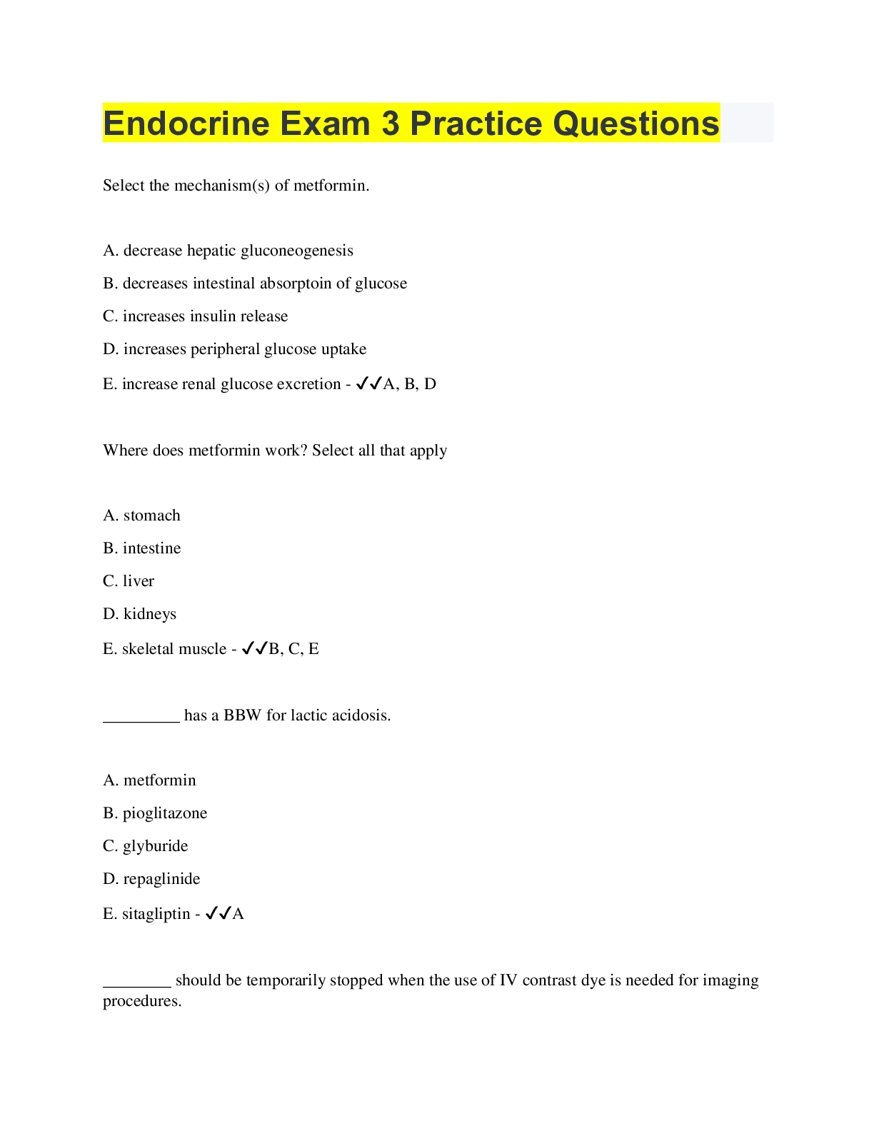 Endocrine Exam 3 Practice Questions (with COMPLETE SOLUTION ...