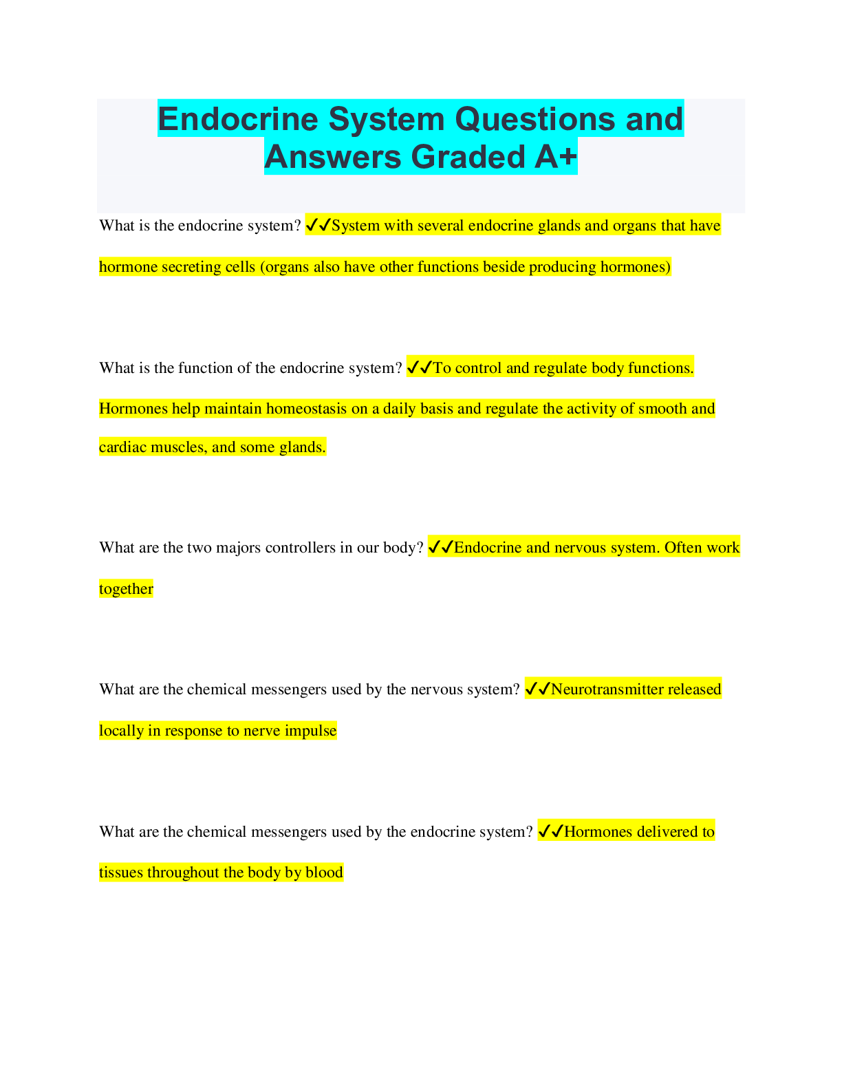Endocrine System Questions and Answers Graded A+ - Scholarfriends