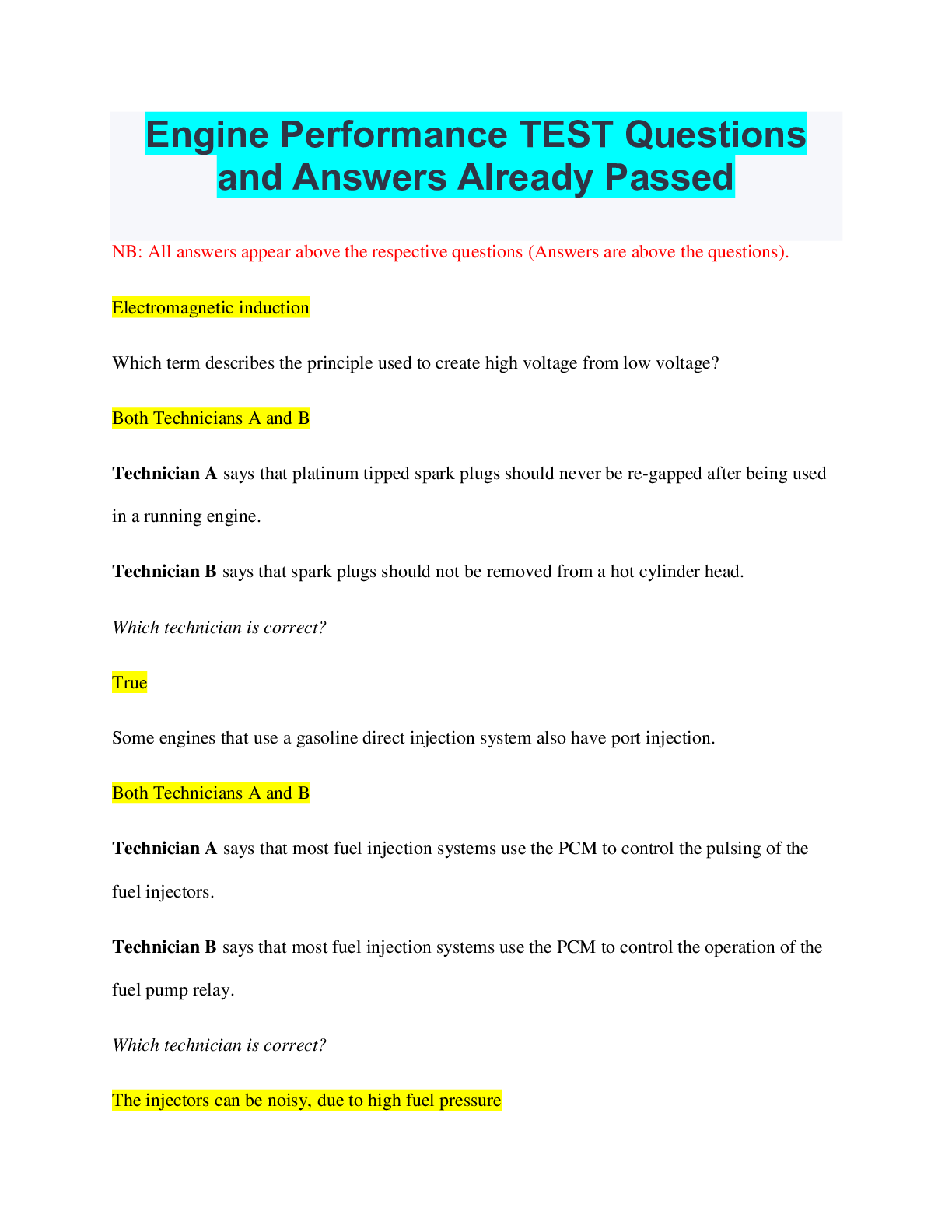 Engine Performance TEST Questions and Answers Already Passed ...
