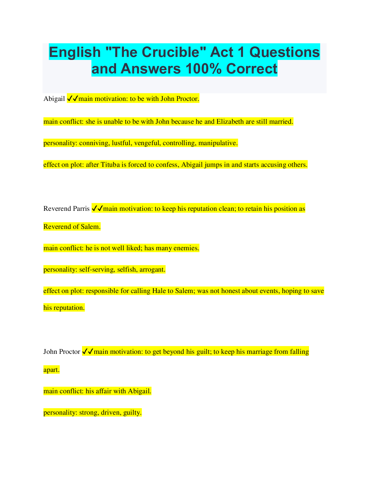 English "The Crucible" Act 1 Questions and Answers 100% Correct ...