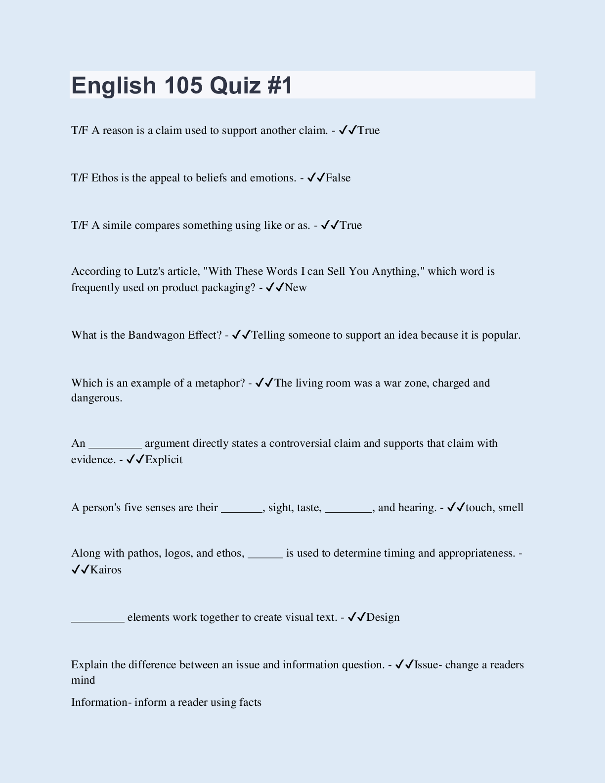 English 105 Quiz #1 | 40 Questions with 100% Correct Answers | Updated ...