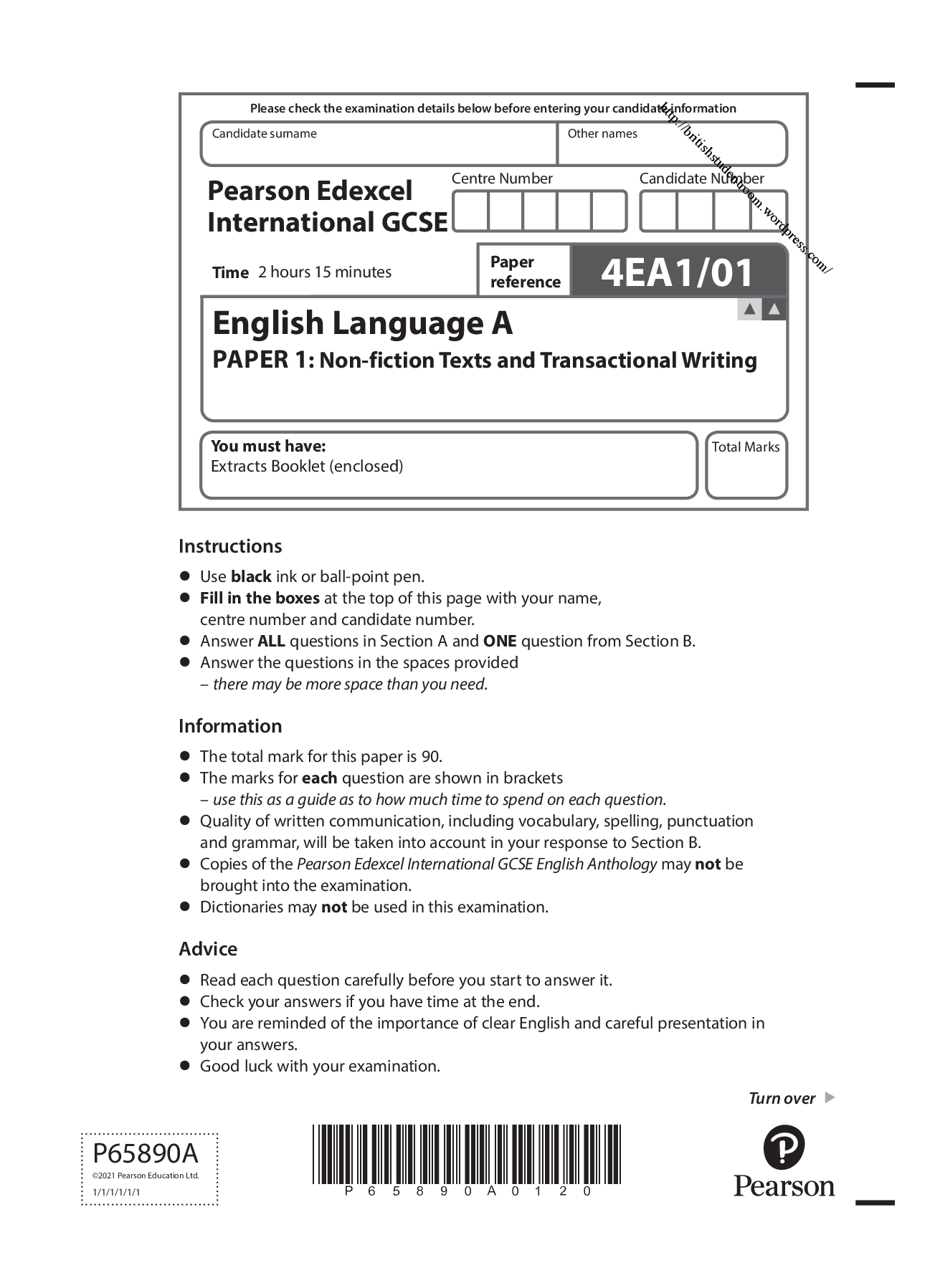 Pearson Edexcel International GCSE_English Language A_4EA1/01 Question ...