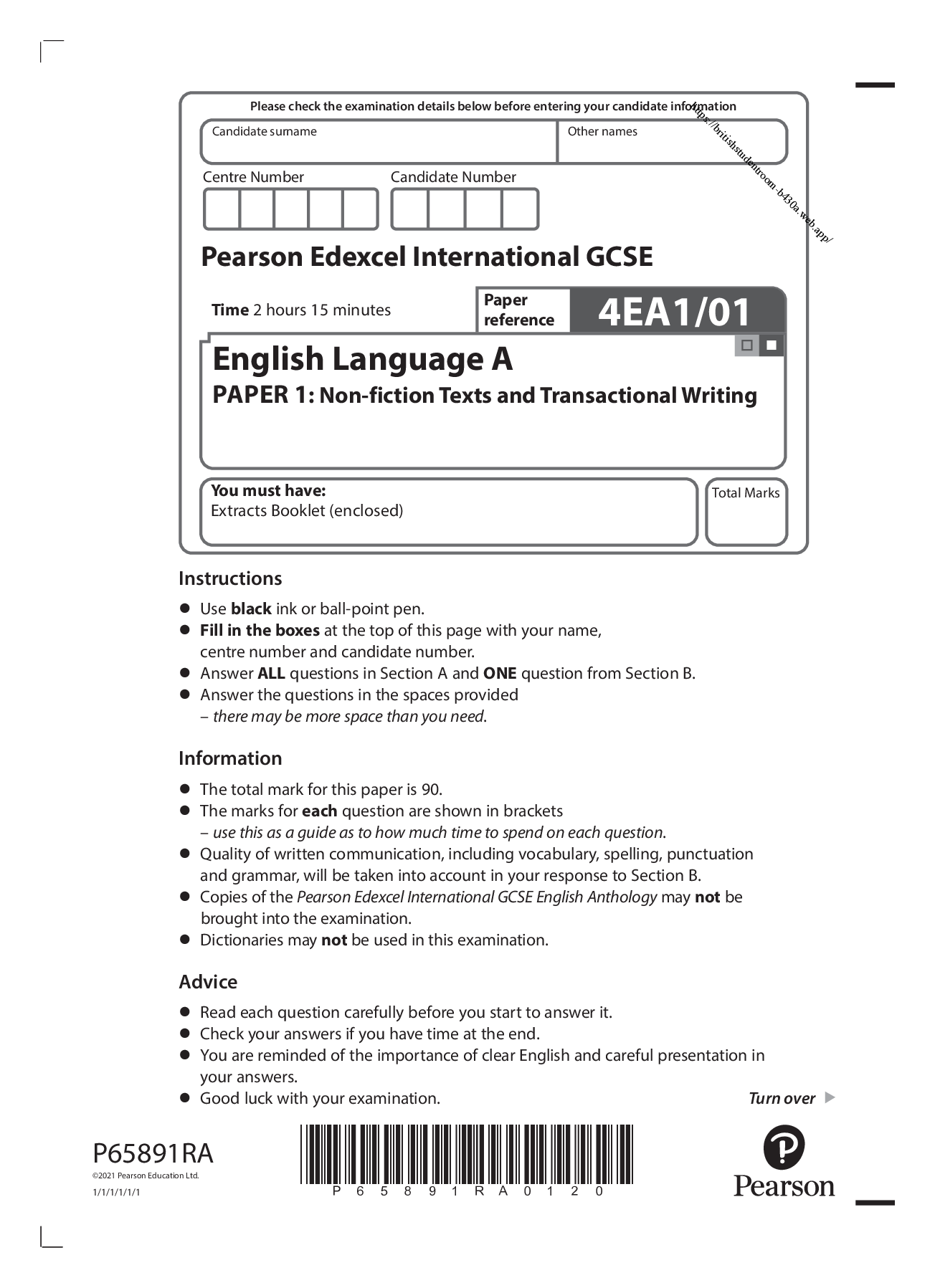 Pearson Edexcel International GCSE_English Language A_4EA1/01 Question ...