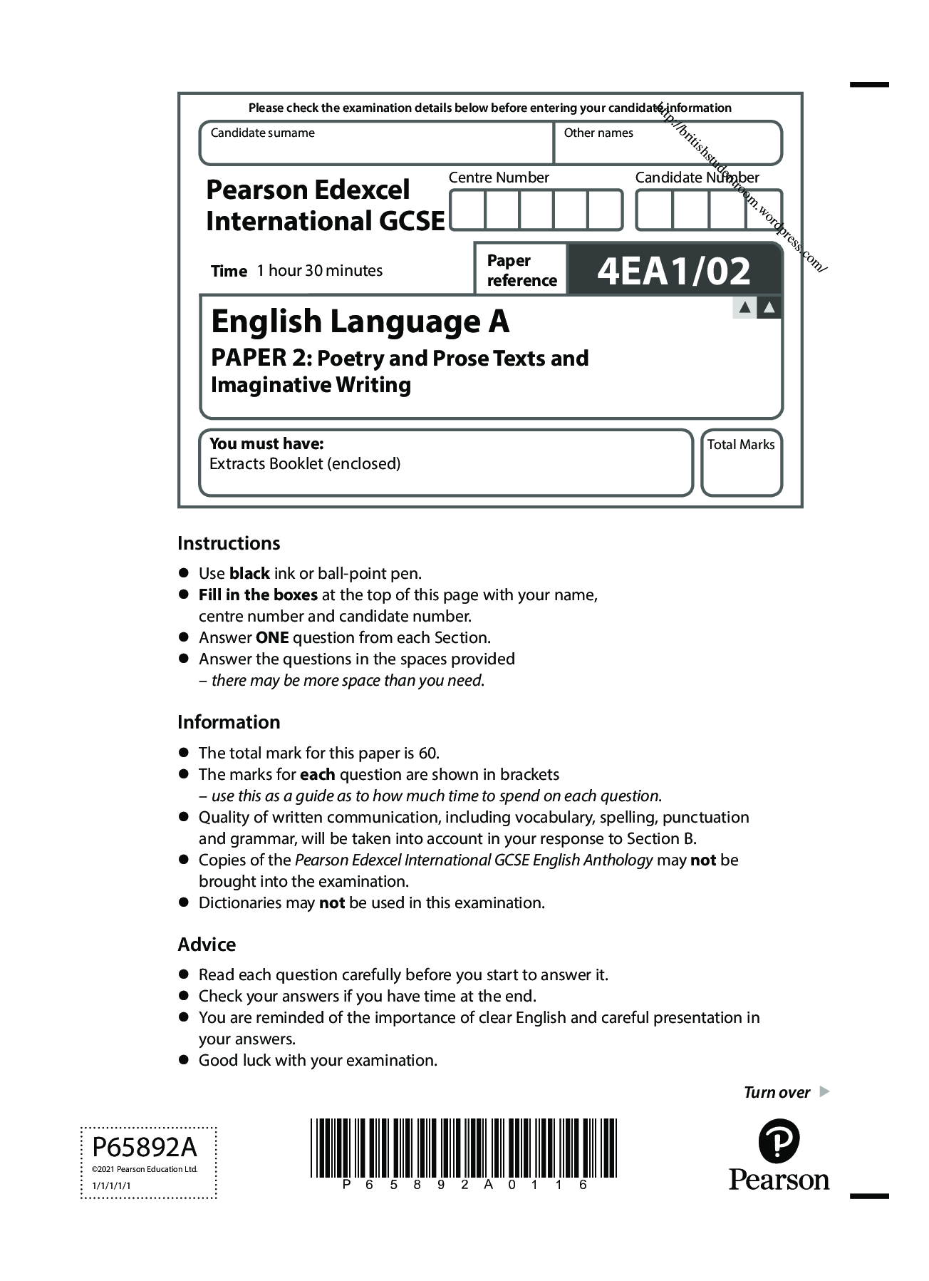 Pearson Edexcel International GCSE_English Language A_4EA1/02 Question ...
