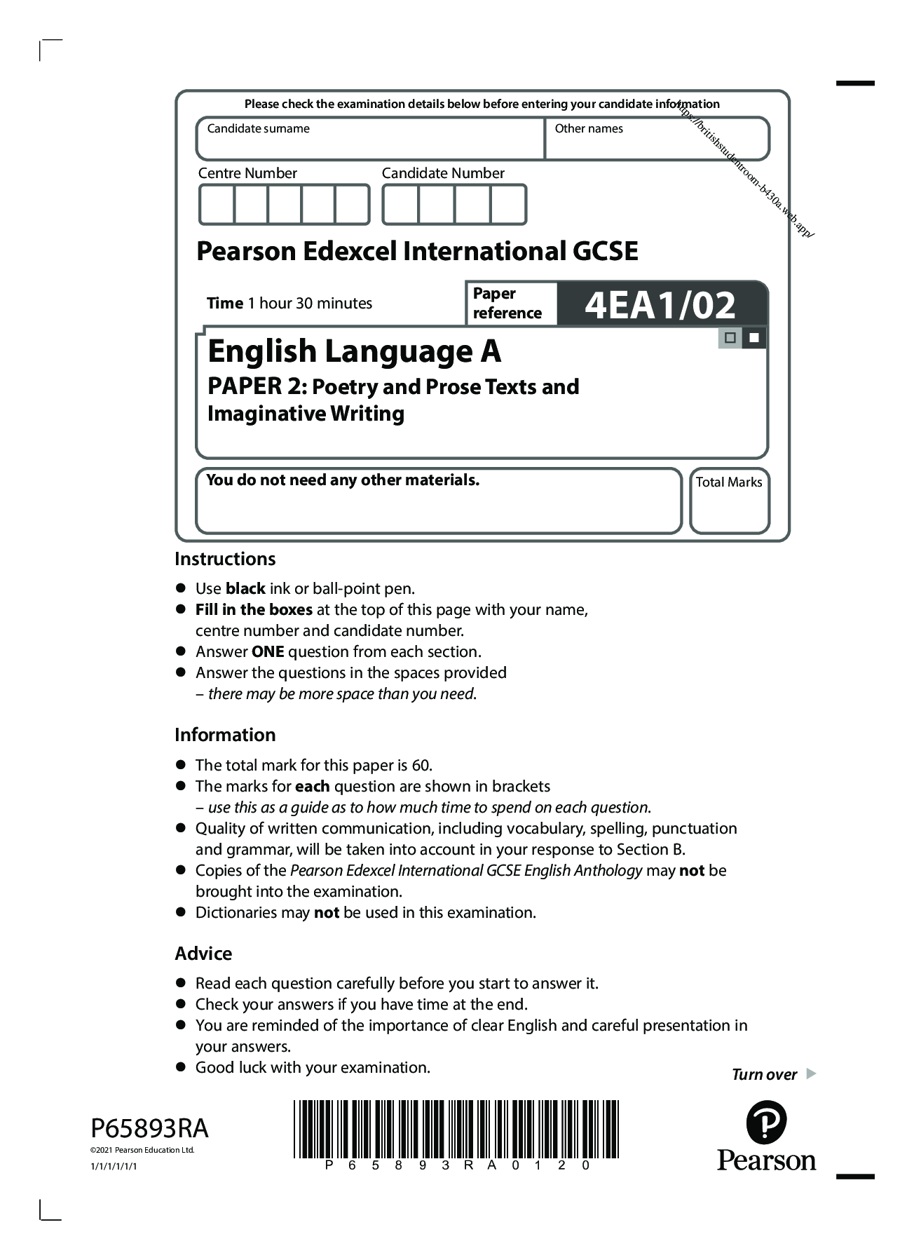Pearson Edexcel International GCSE_English Language A_4EA1/02 Question ...