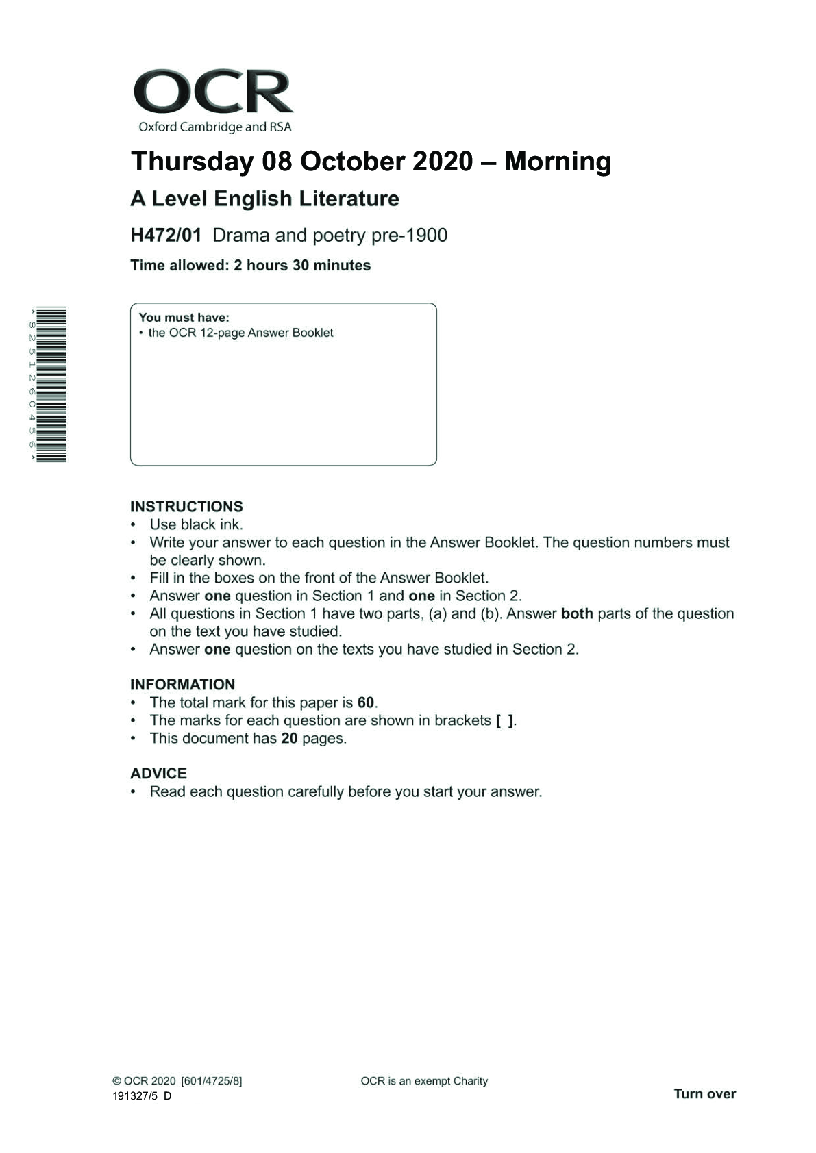 A Level English Literature_H472/01 Question Paper Nov 2020 | Drama and ...