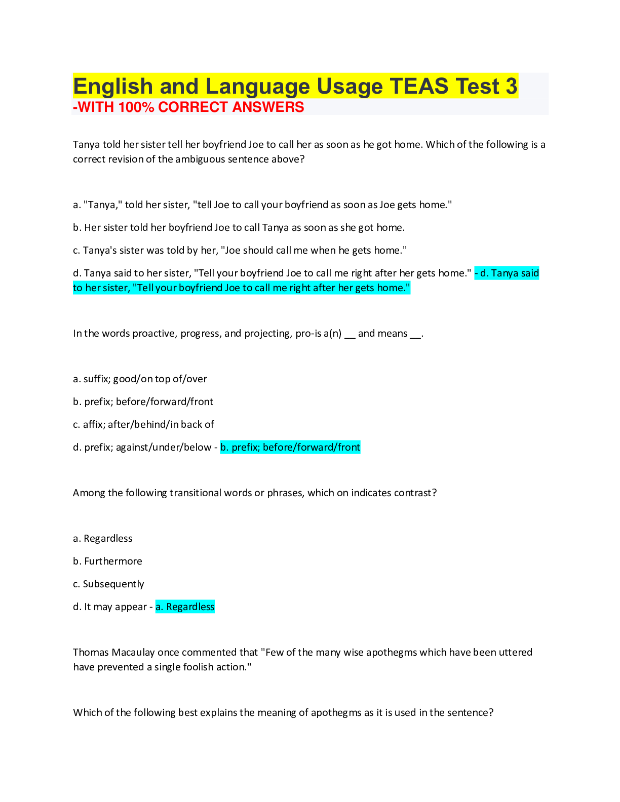 Teas English And Language Usage - Scholarfriends
