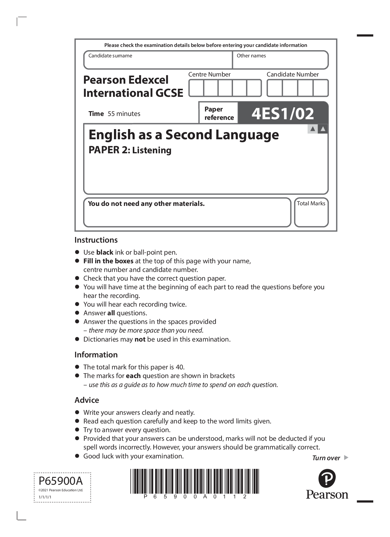 Pearson Edexcel International GCSE_English as a Second Language_4ES1/02 ...