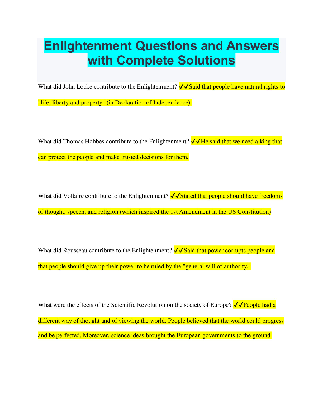 Enlightenment Questions and Answers with Complete Solutions ...